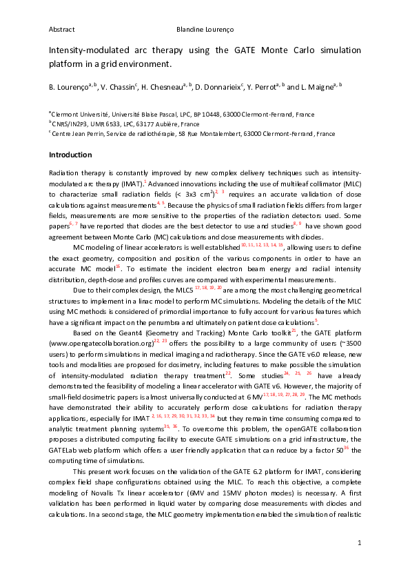 (PDF) Intensity-modulated arc therapy using the gate Monte Carlo simulation platform in a grid ...