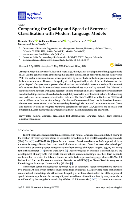 (PDF) Comparing the Quality and Speed of Sentence Classification with ...