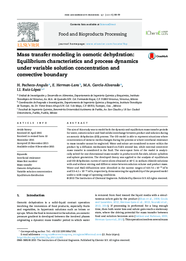 (PDF) Mass transfer modeling in osmotic dehydration: Equilibrium characteristics and process ...