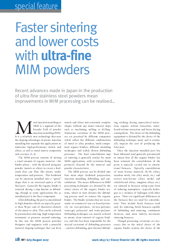 (PDF) Faster sintering and lower costs with ultra-fine MIM powders