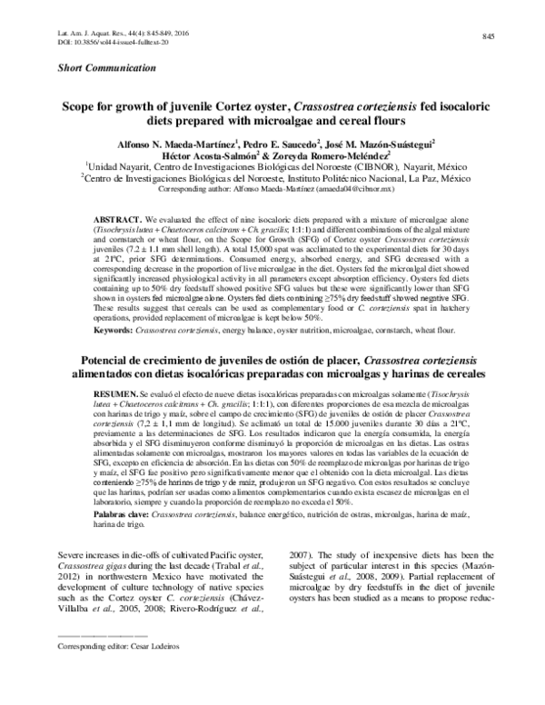 Pdf Scope For Growth Of Juvenile Cortez Oyster Crassostrea