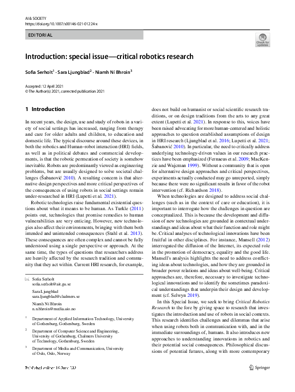 (PDF) Introduction: special issue—critical robotics research