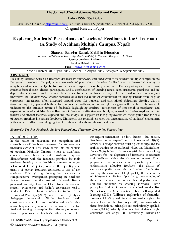 (PDF) Exploring Students' Perceptions on Teachers' Feedback in the Classroom (A Study of Achham ...