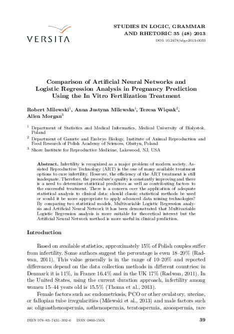 Pdf Comparison Of Artificial Neural Networks And Logistic Regression Analysis In Pregnancy