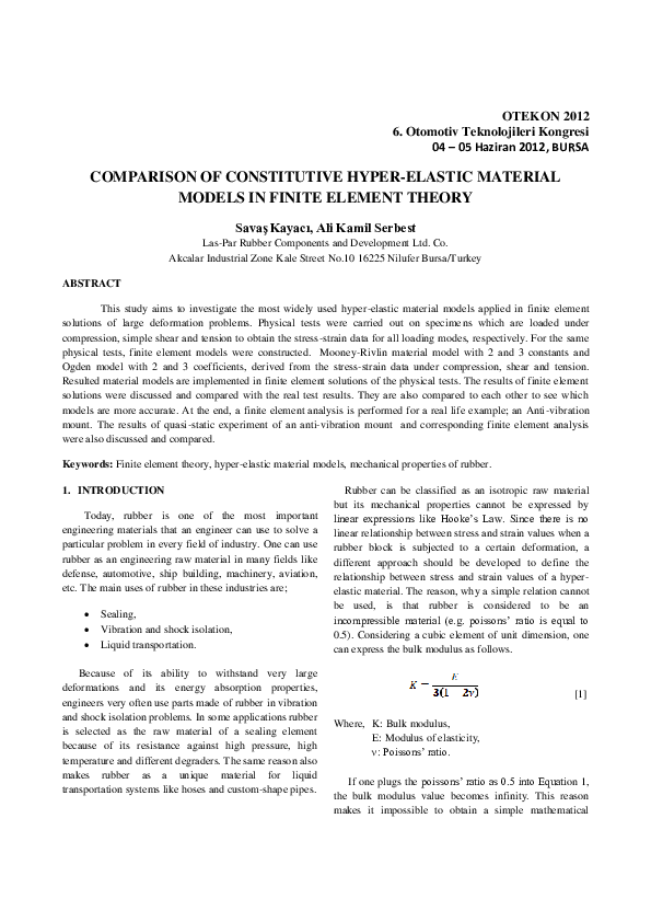 Pdf Comparison Of Constitutive Hyper Elastic Material Models In