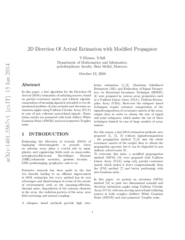 Pdf 2d Direction Of Arrival Estimation With Modified Propagator