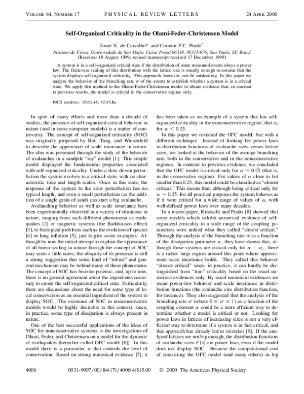 (PDF) Self-Organized Criticality in the Olami-Feder-Christensen Model