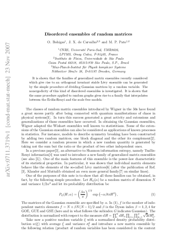 (PDF) Disordered ensembles of random matrices