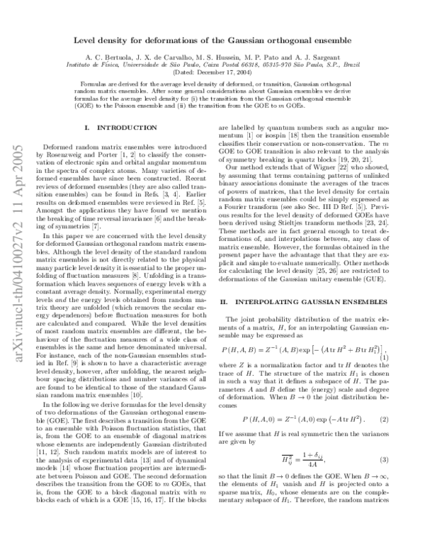(PDF) Level density for deformations of the Gaussian orthogonal ensemble