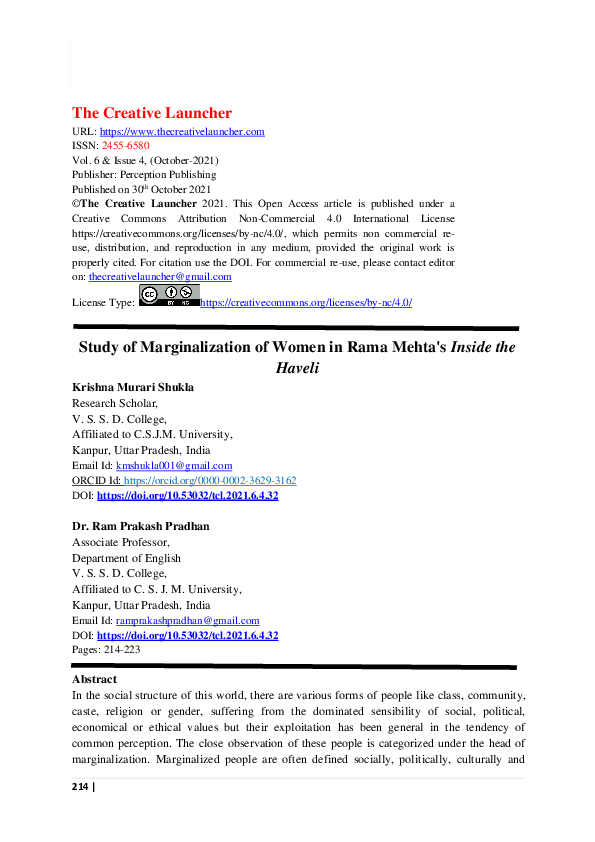 (PDF) Study of Marginalization of Women in Rama Mehta's Inside the Haveli