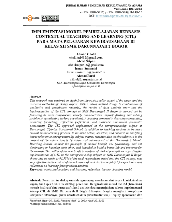 (PDF) Implementasi Model Pembelajaran Berbasis Contextual Teaching and ... (PDF) Implementasi Model Pembelajaran Berbasis Contextual Teaching and ...
