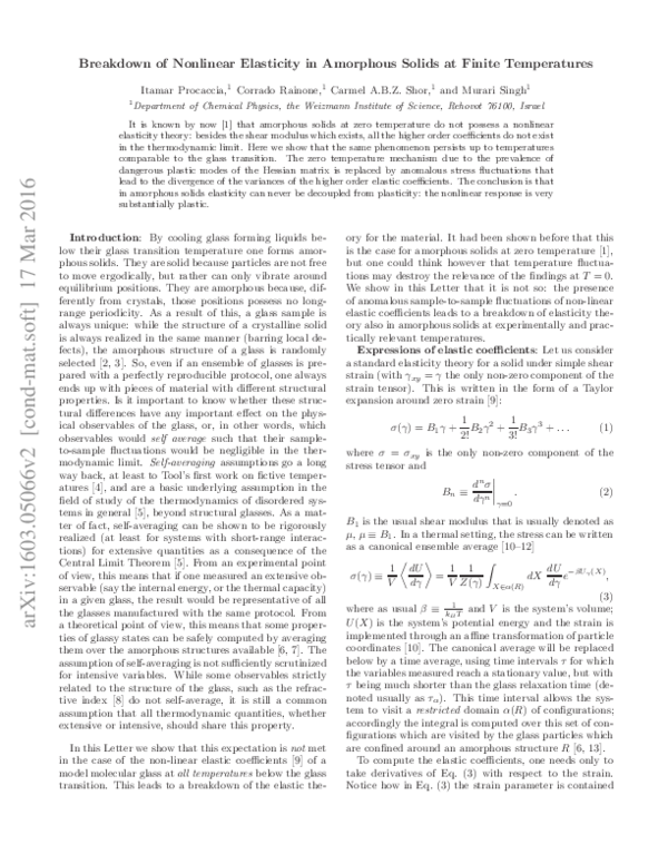 Pdf Nonlinear Elasticity In Amorphous Solids