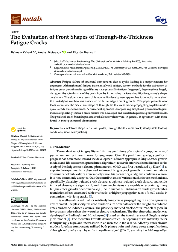 (PDF) The Evaluation of Front Shapes of Through-the-Thickness Fatigue ...