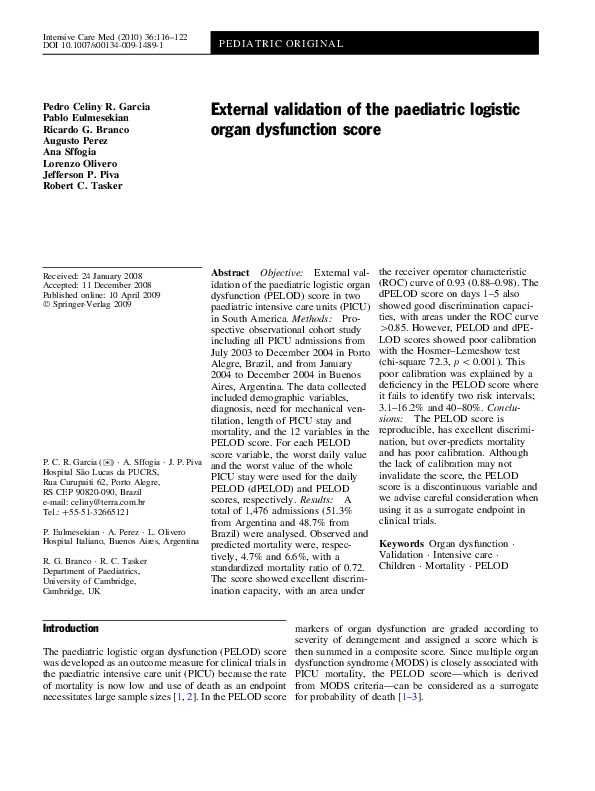 (PDF) External validation of the paediatric logistic organ dysfunction score