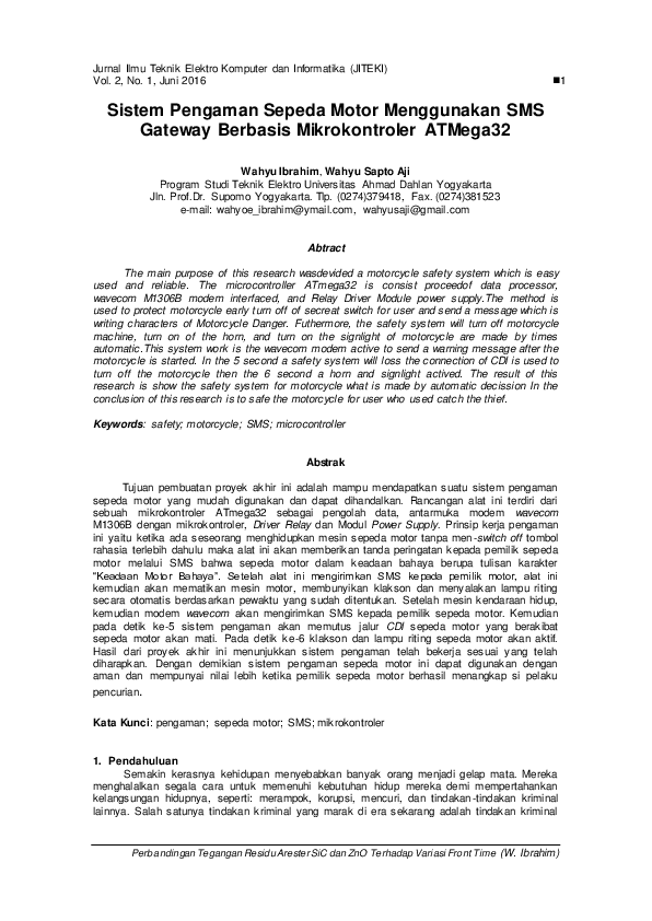 Pdf Sistem Pengaman Sepeda Motor Menggunakan Sms Gateway Berbasis Mikrokontroler Atmega32