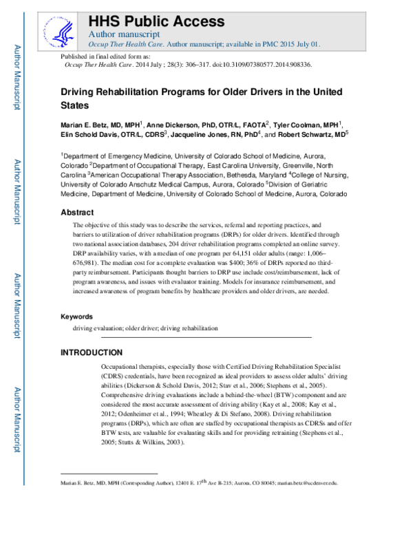 (PDF) Driving Rehabilitation Programs for Older Drivers in the United ...