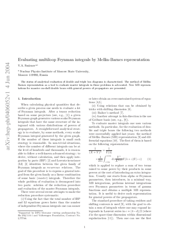 (PDF) Evaluating multiloop Feynman integrals by Mellin-Barnes representation