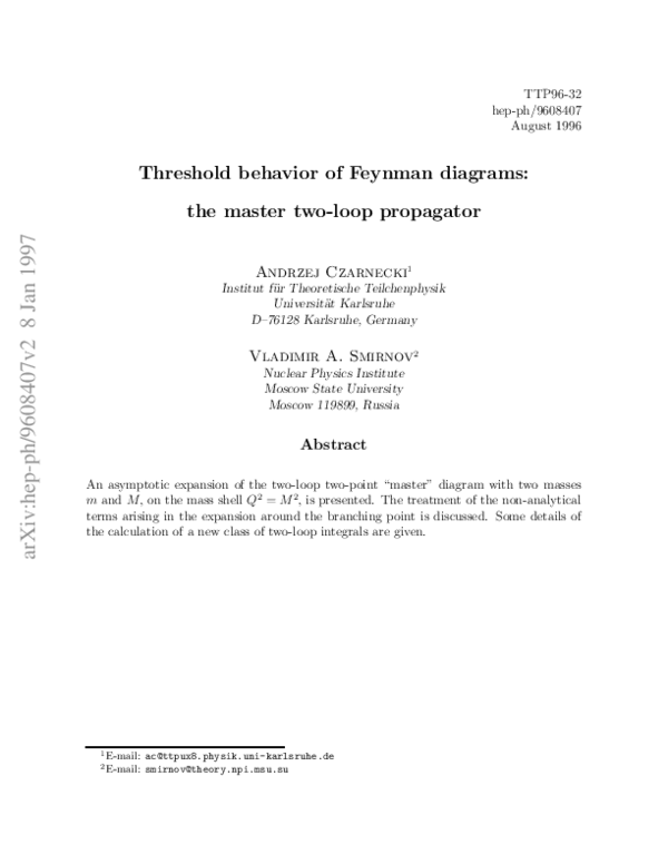 (PDF) Threshold behavior of Feynman diagrams: the master two-loop propagator