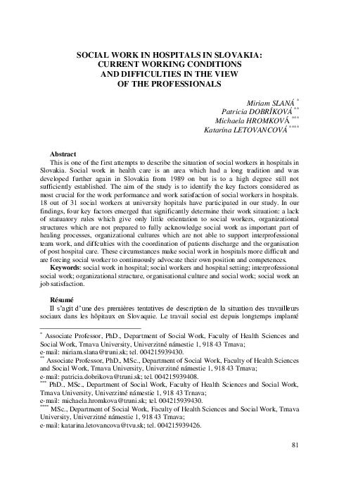 (PDF) Social Work in Hospitals in Slovakia: Current Working Conditions ...