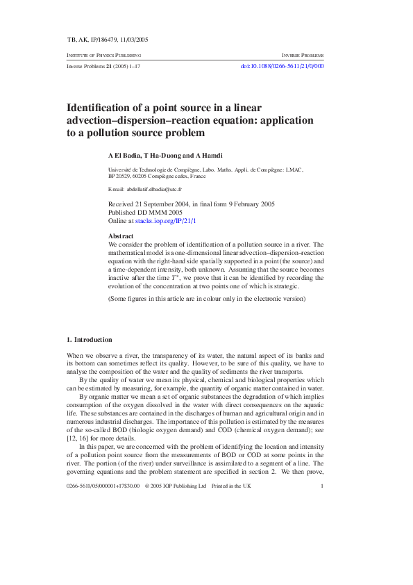 (PDF) Identification of a point source in a linear advection–dispersion–reaction equation ...