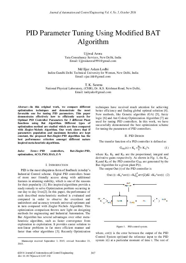 Pdf Pid Parameter Tuning Using Modified Bat Algorithm