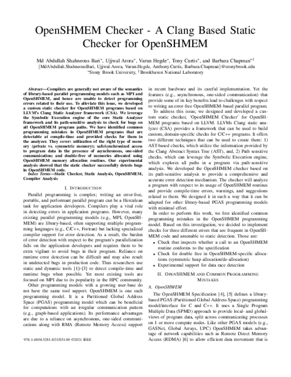 (PDF) OpenSHMEM Checker - A Clang Based Static Checker for OpenSHMEM