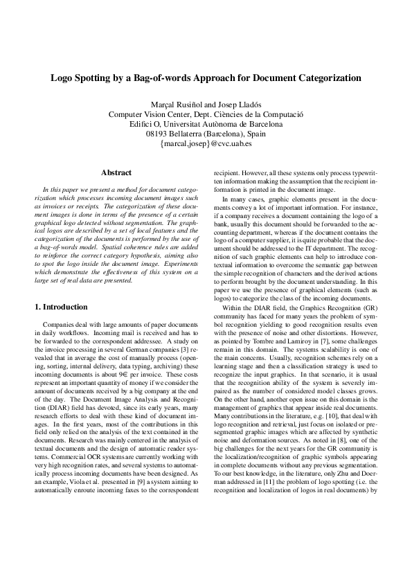 (PDF) Logo Spotting by a Bag-of-words Approach for Document Categorization | J. Llados ...