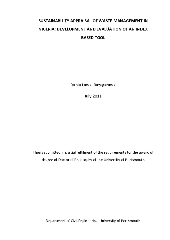 (PDF) Sustainability appraisal of waste management in Nigeria ...
