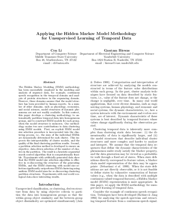 (PDF) G.: Applying the Hidden Markov Model methodology for unsupervised learning of temporal data