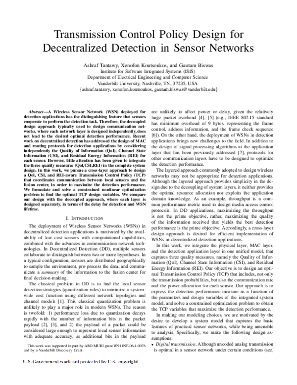Pdf Transmission Control Policy Design For Decentralized Detection In