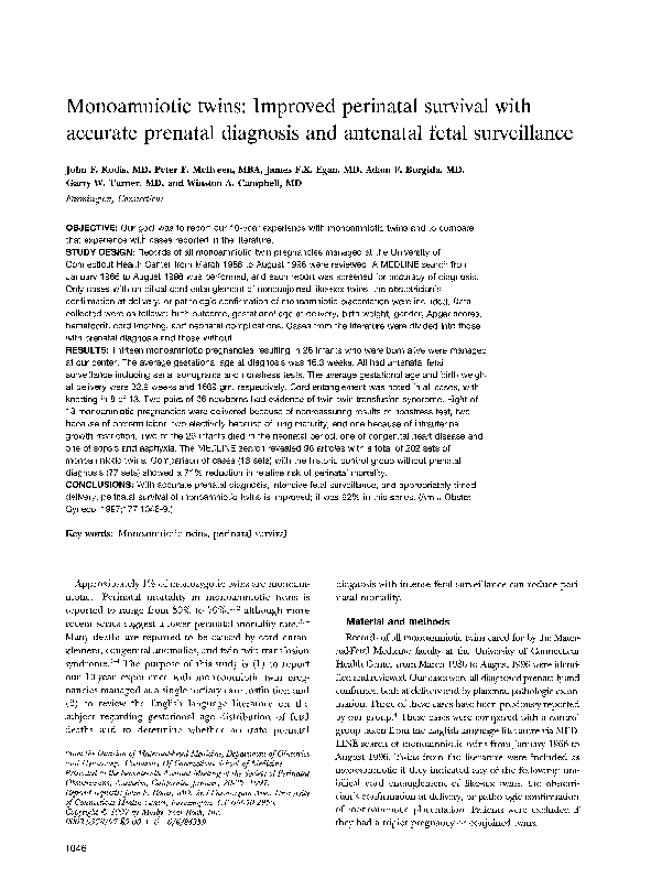(PDF) Monoamniotic twins: Improved perinatal survival with accurate ...