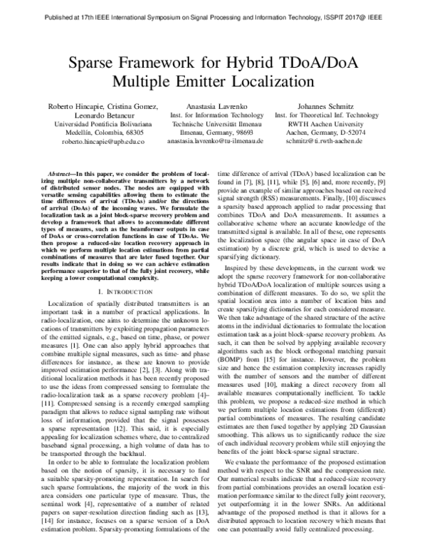 (PDF) Sparse framework for hybrid TDoA/DoA multiple emitter localization
