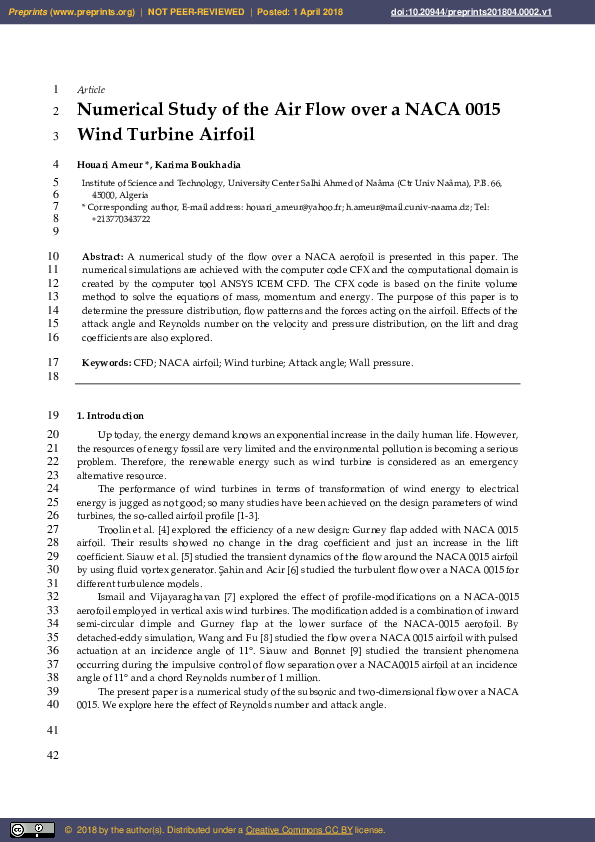(PDF) Numerical Study of the Air Flow over a NACA 0015 Wind Turbine Airfoil