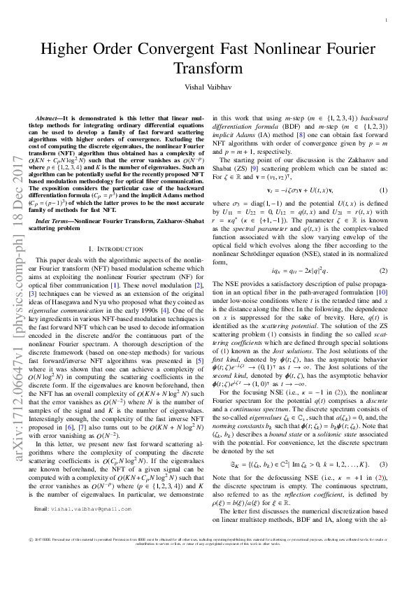 Pdf Higher Order Convergent Fast Nonlinear Fourier Transform Vishal Vaibhav 1682