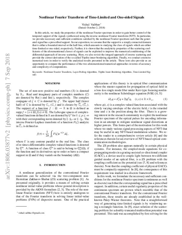 (PDF) Nonlinear Fourier transform of time-limited and one-sided signals