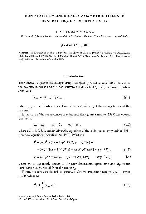 Pdf Non Static Cylindrically Symmetric Fields In General Projective Relativity Gyan Prakash