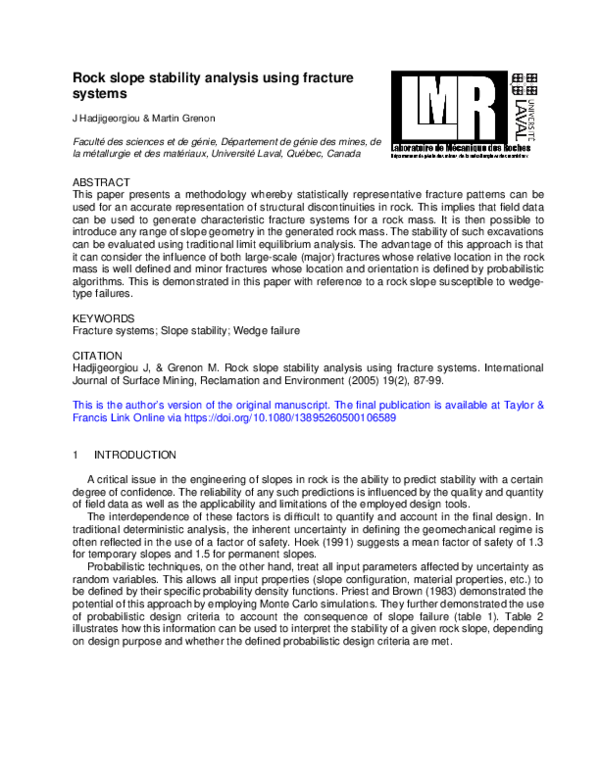 (PDF) Rock slope stability analysis using fracture systems