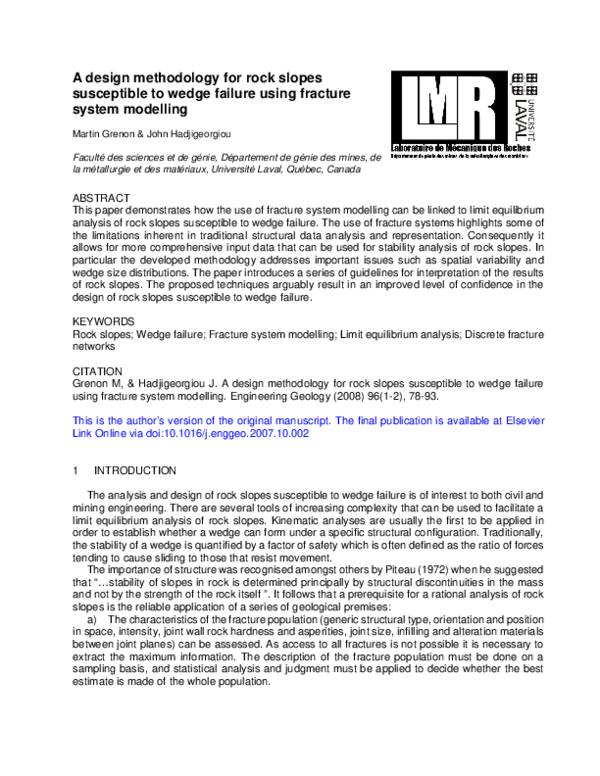 (PDF) A design methodology for rock slopes susceptible to wedge failure using fracture system ...