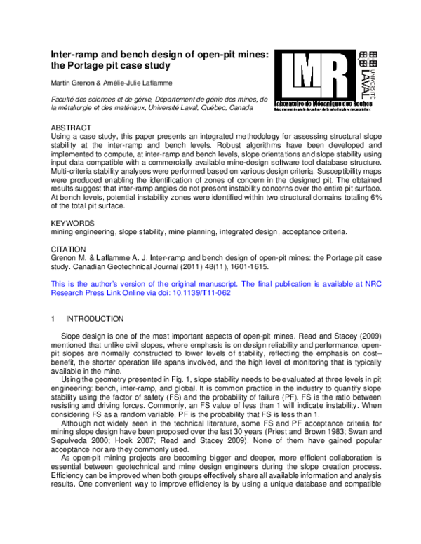 (PDF) Inter-ramp and bench design of open-pit mines: the Portage pit case study