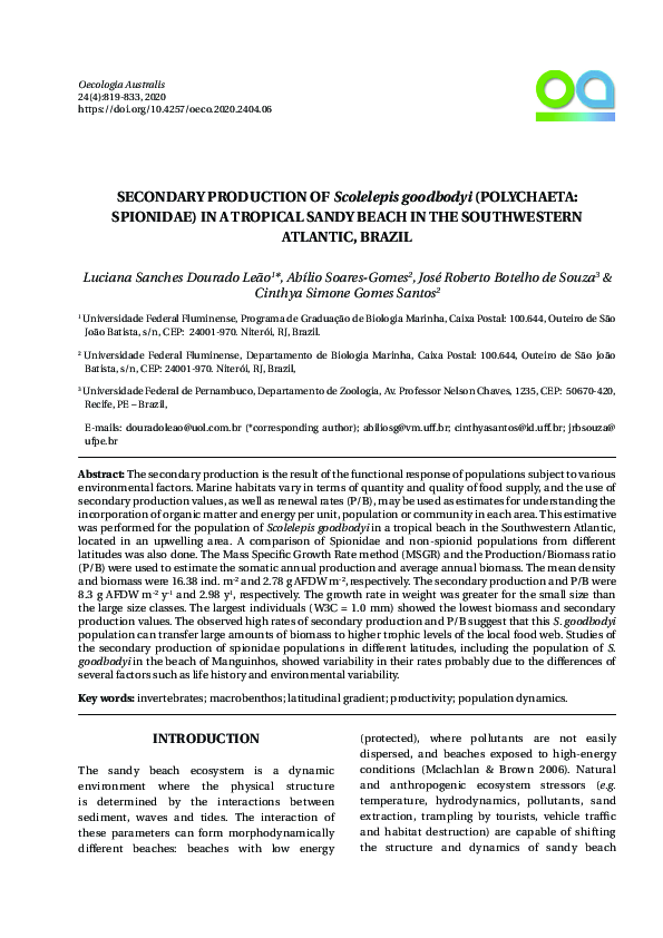 (PDF) SECONDARY PRODUCTION OF Scolelepis goodbodyi (POLYCHAETA ...