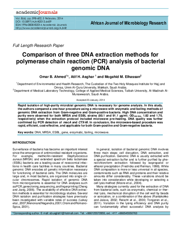 (PDF) Comparison of three DNA extraction methods for polymerase chain reaction (PCR) analysis of ...
