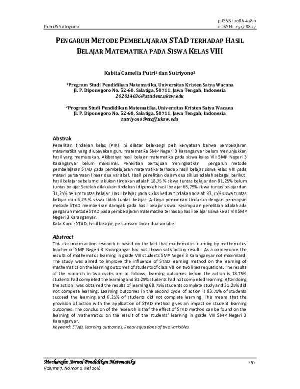 (PDF) Pengaruh Metode Pembelajaran Stad Terhadap Hasil Belajar Matematika Pada Siswa Kelas VIII