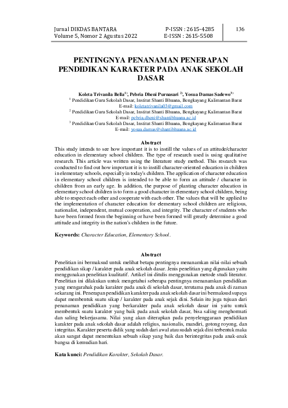 (PDF) Pentingnya Penanaman Penerapan Pendidikan Karakter Pada Anak Sekolah Dasar