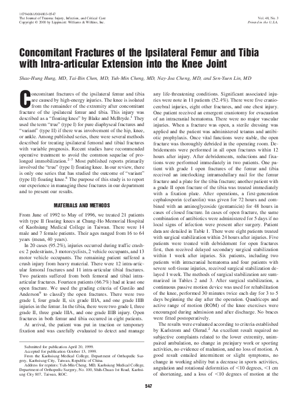 Pdf Concomitant Fractures Of The Ipsilateral Femur And Tibia With Intra Articular Extension