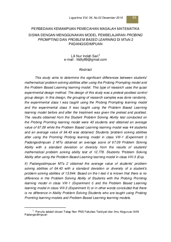 PERBEDAAN KEMAMPUAN PEMECAHAN MASALAH MATEMATIKA SISWA DENGAN ...