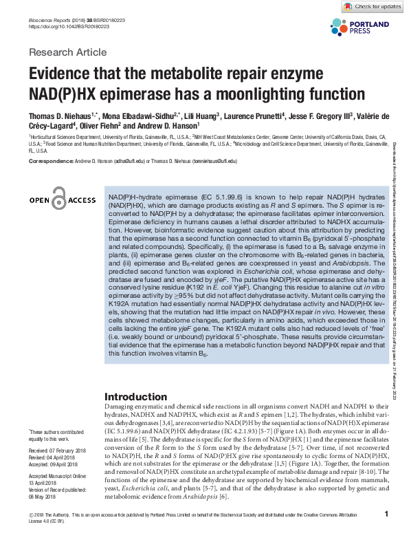 (PDF) Evidence that the metabolite repair enzyme NAD(P)HX epimerase has ...