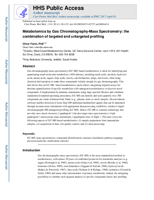 (PDF) Metabolomics by Gas Chromatography–Mass Spectrometry: Combined ...