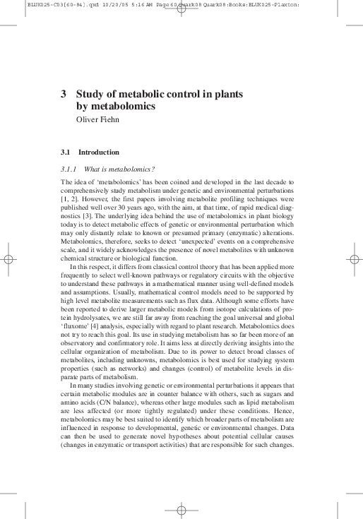 (PDF) Study of Metabolic Control in Plants by Metabolomics