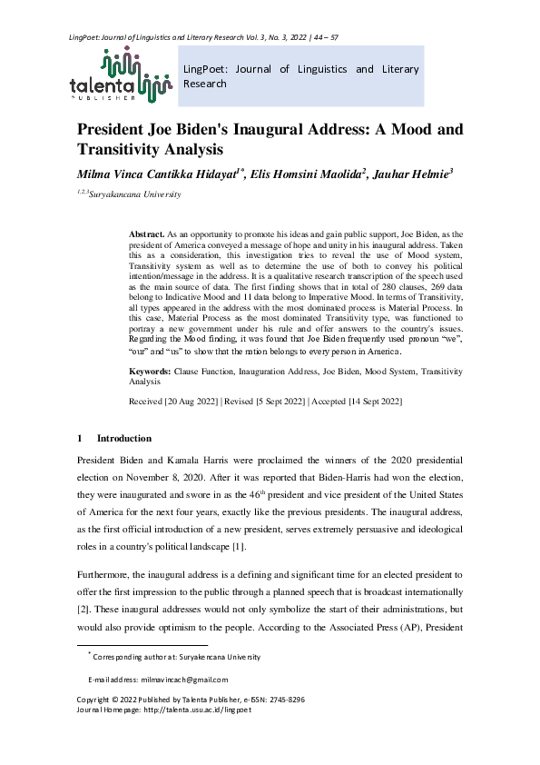 (PDF) President Joe Biden's Inaugural Address: A Mood and Transitivity ...