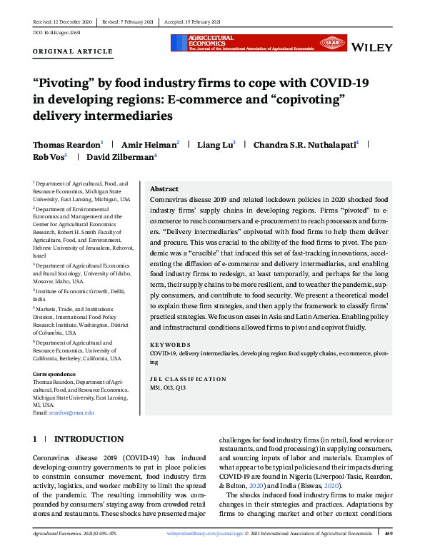 (PDF) “Pivoting” by food industry firms to cope with COVID‐19 in ...